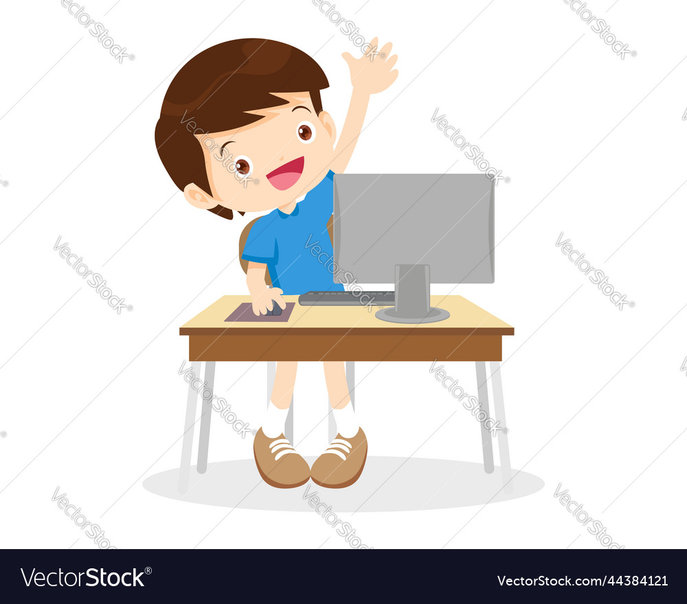 Student boy learning computer hand up Royalty Free Vector
