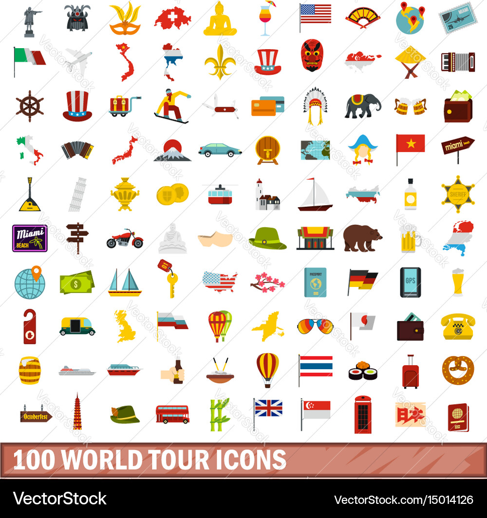 100 world tour icons set flat style Royalty Free Vector