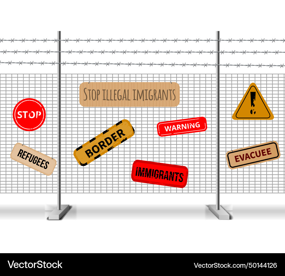 Immigrants fencing barrier realistic composition Vector Image