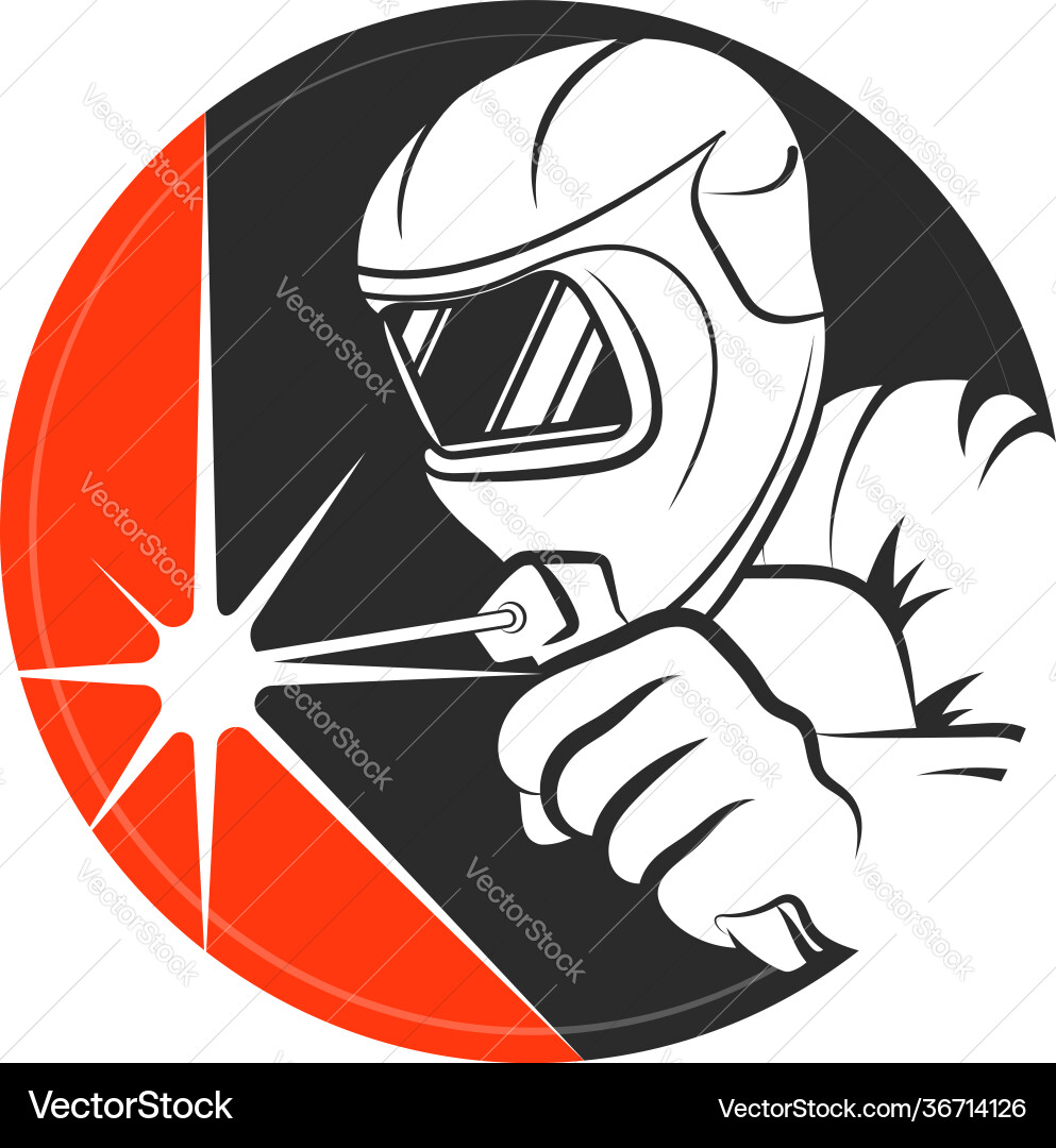 Welder in mask with a welding machine in hand Vector Image