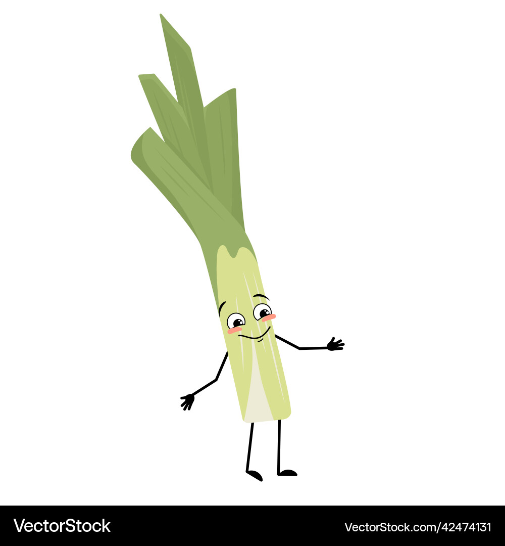 Cute green leek character with joyful emotions Vector Image