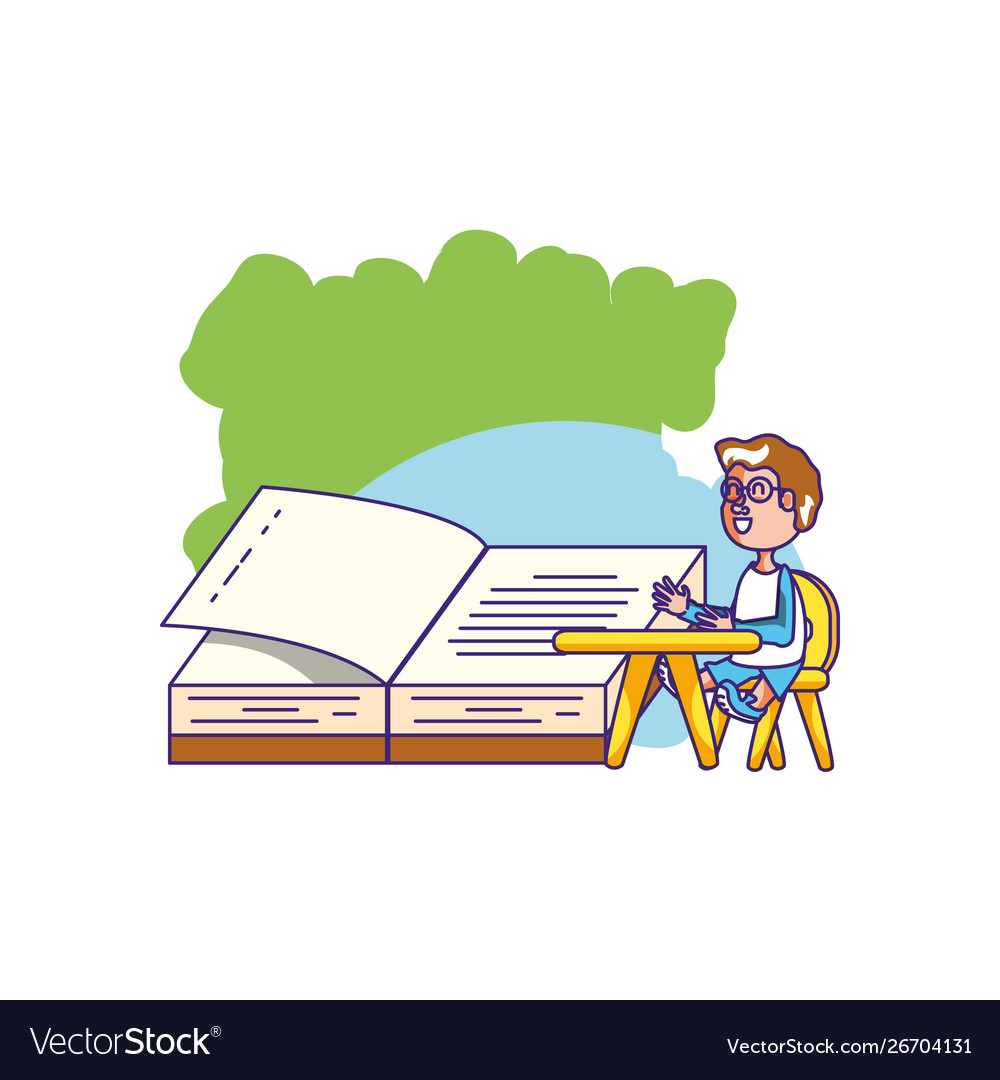 Cute little student boy in desk with book open Vector Image