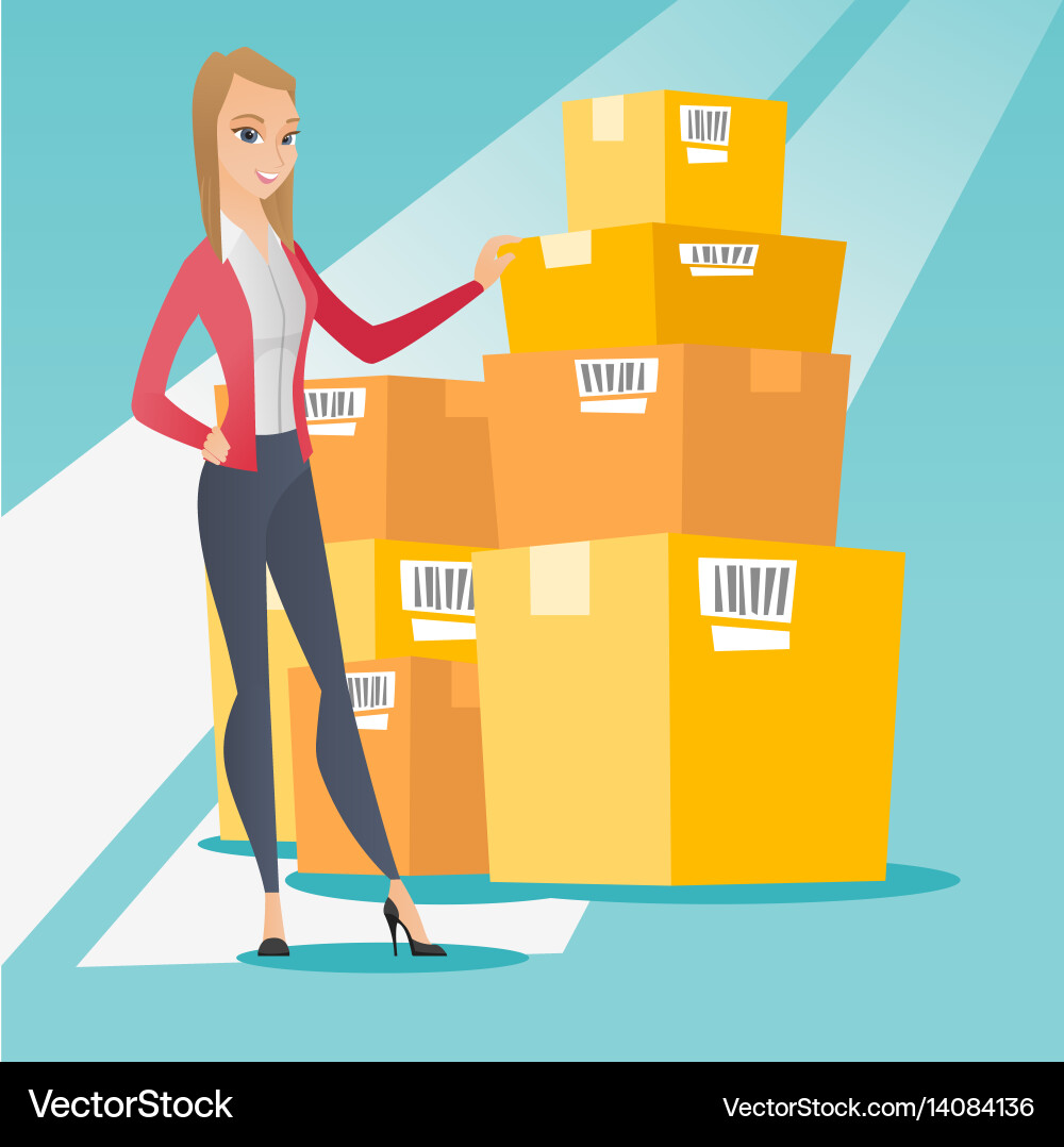 Business woman checking boxes in warehouse Vector Image
