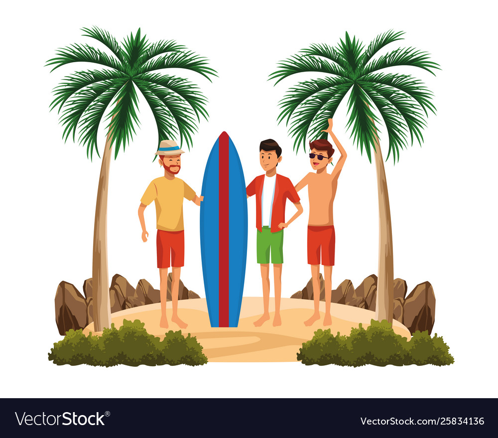 Friends with surf table summer cartoons Royalty Free Vector
