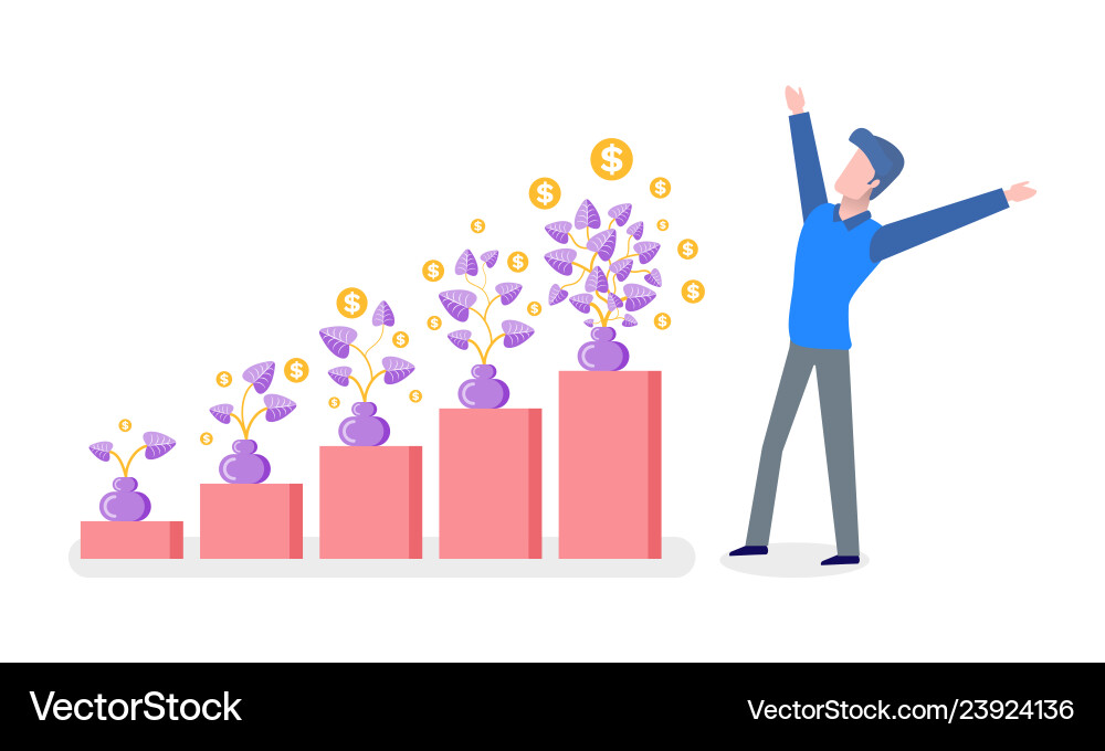 Man with hands up money plant and progress Vector Image