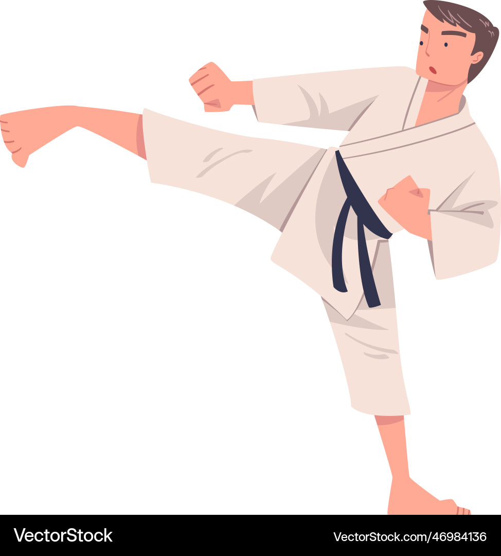 Young man doing karate wearing kimono and black Vector Image