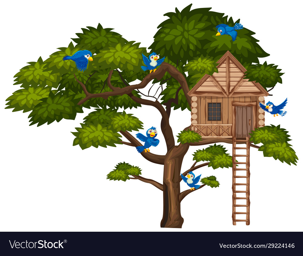 Big green tree and many blue birds flying over Vector Image