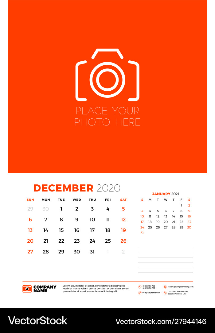 December 2020 wall calendar planner template week Vector Image