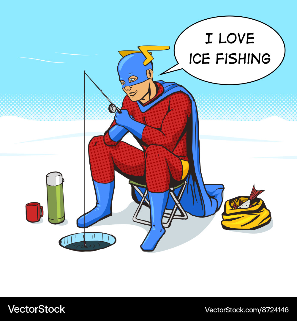Superhero on ice fishing comic book Royalty Free Vector