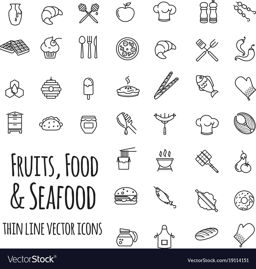 Fruits food and seafood outline set Royalty Free Vector