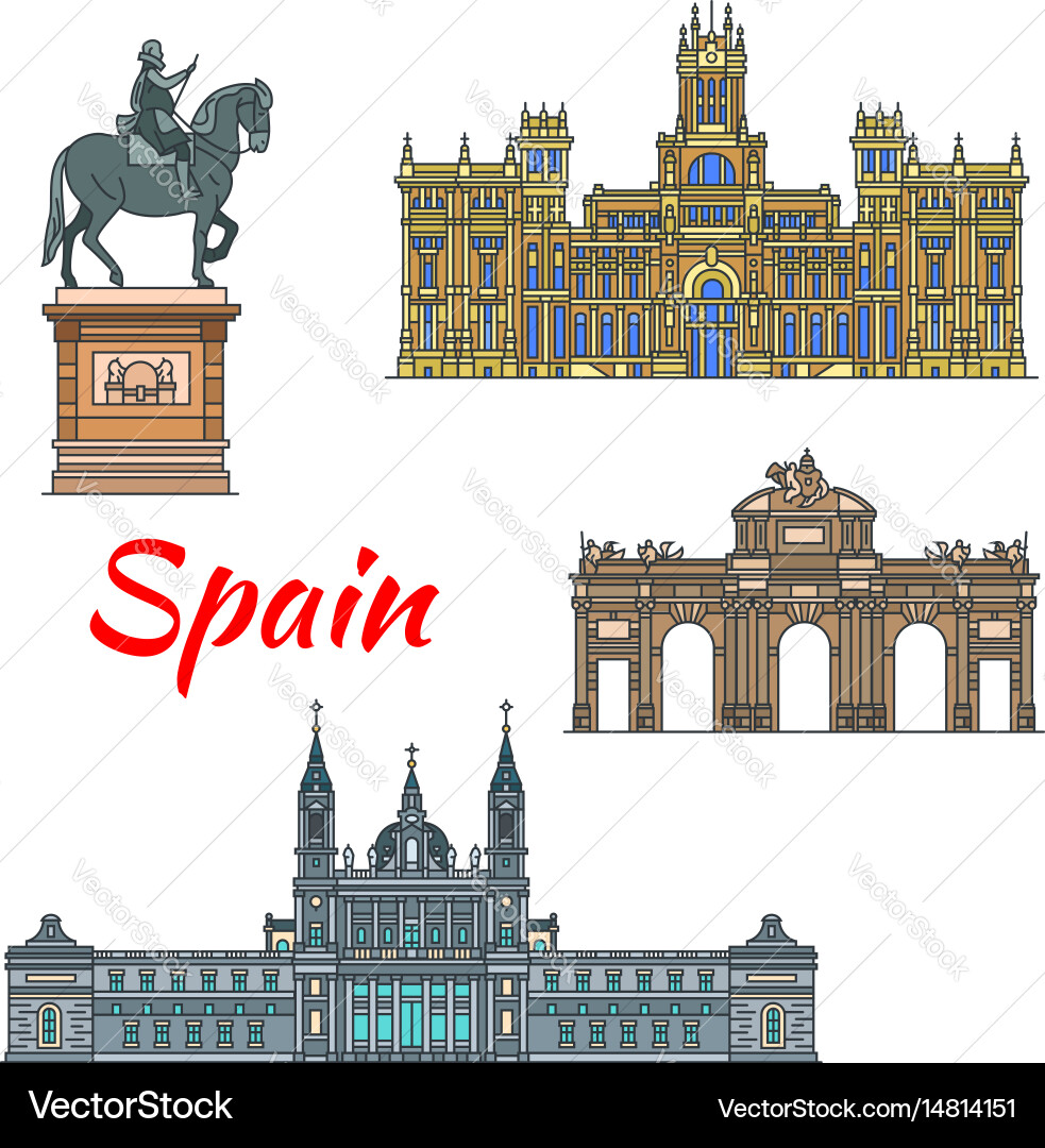 Spanish travel landmark madrid linear icon set Vector Image
