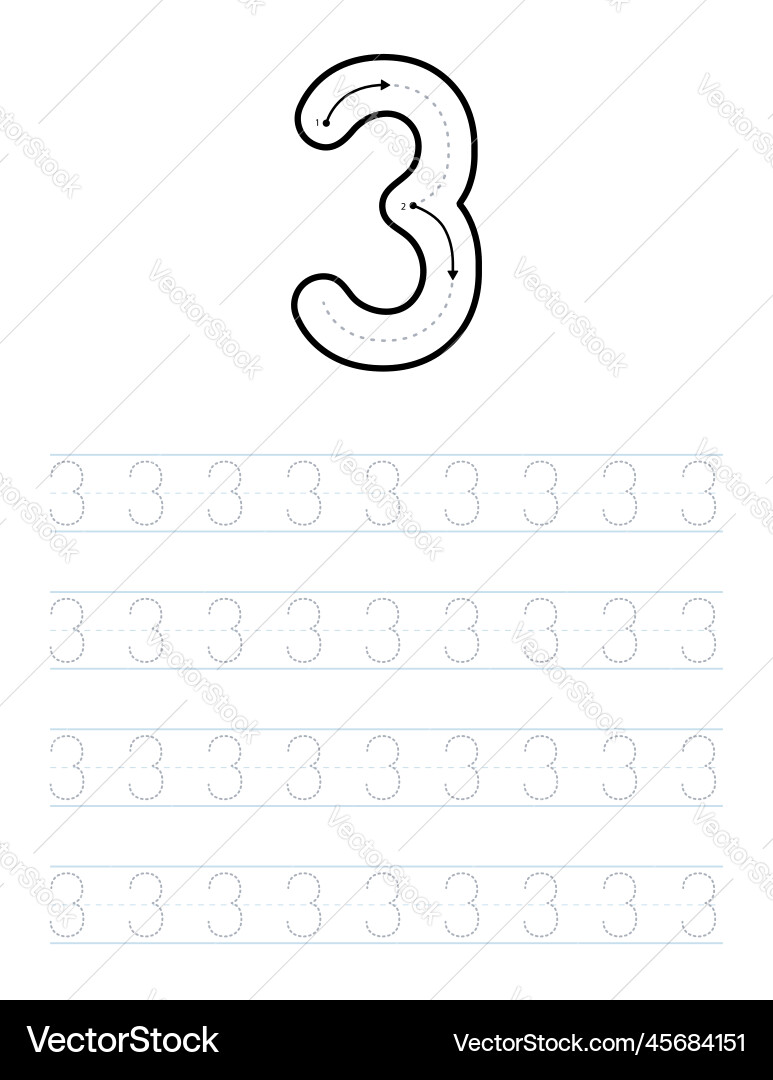 Tracing number 3 for kids with guide Royalty Free Vector
