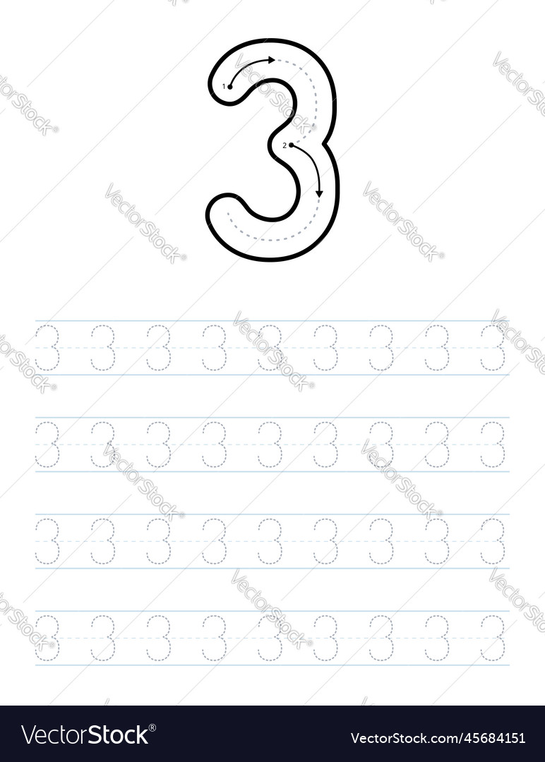Tracing number 3 for kids with tracing guide Vector Image