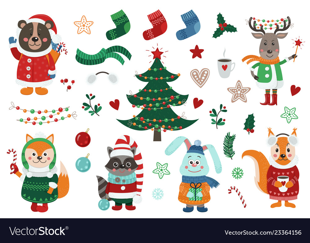 Big christmas set with isolated cute forest animal