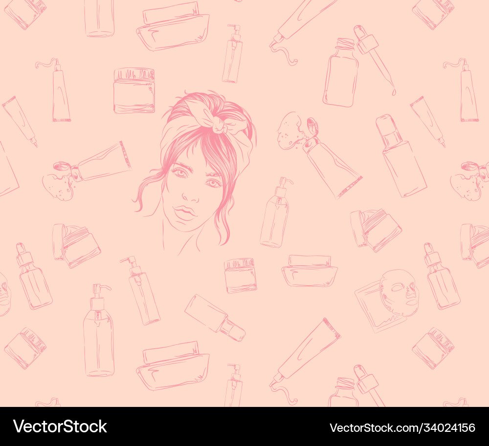 Pattern with care products and a girl caring Vector Image