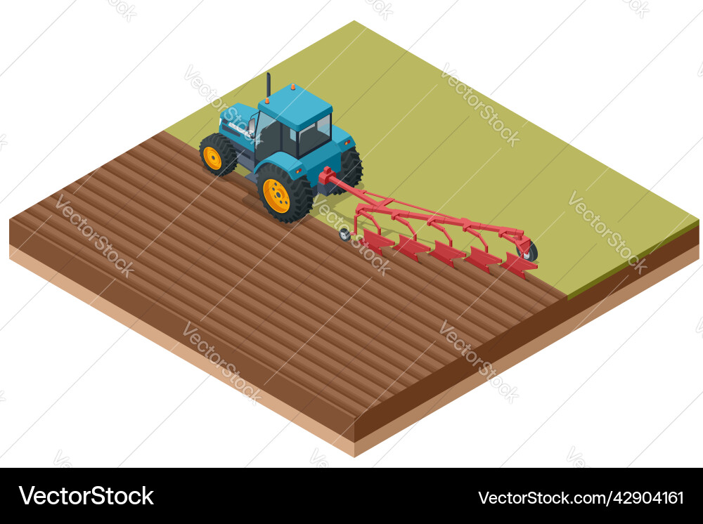 Isometric farming plowing the field in spring Vector Image