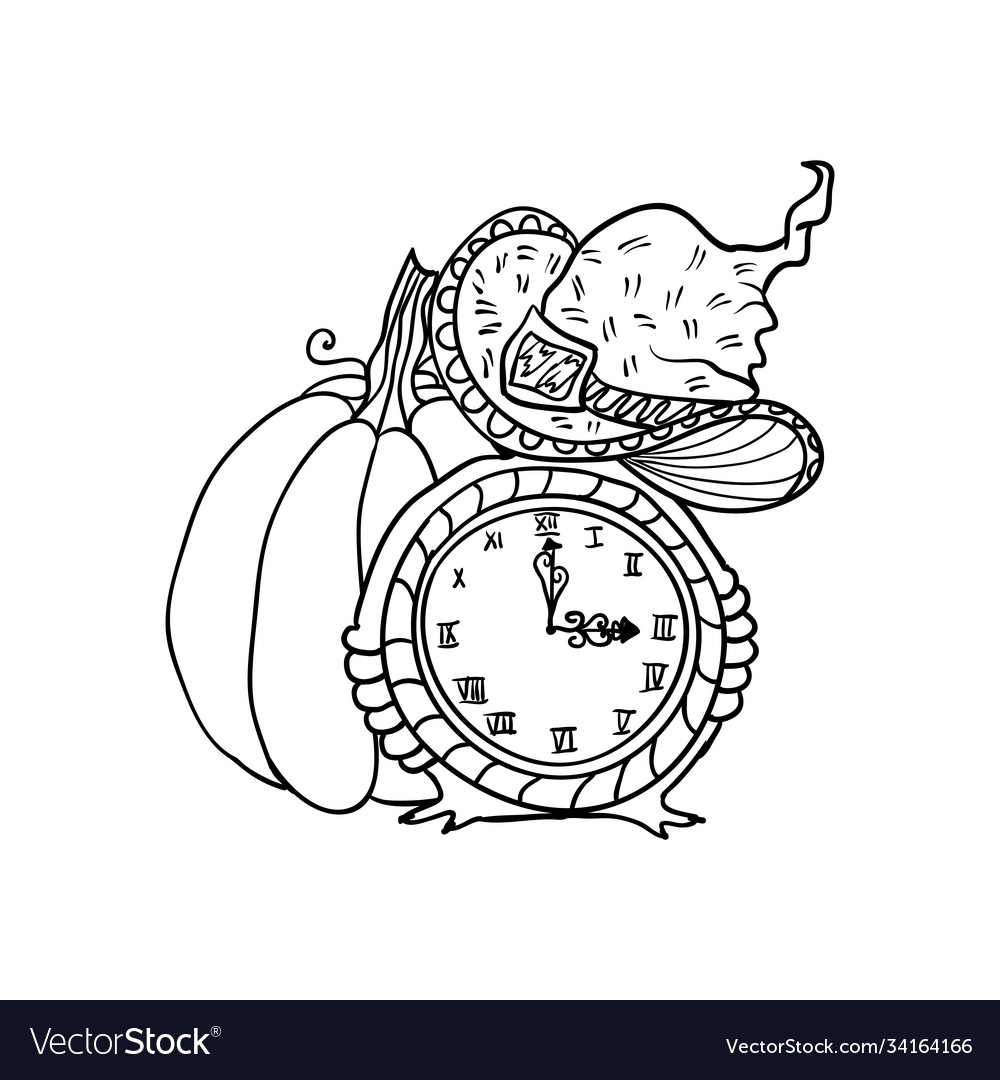 Witch hat and clock near pumpkin halloween Vector Image