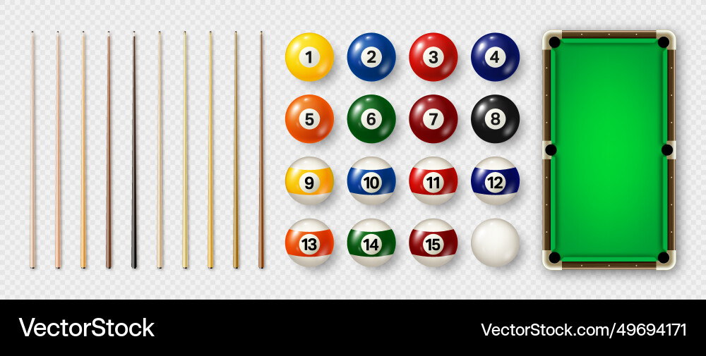 Billiard balls with numbers various cues and Vector Image