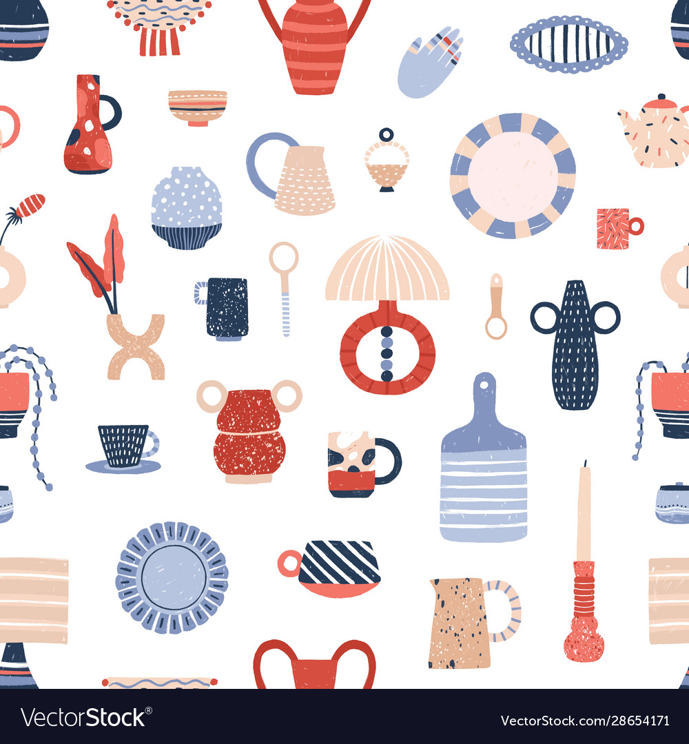 Ceramic tableware flat seamless pattern Royalty Free Vector