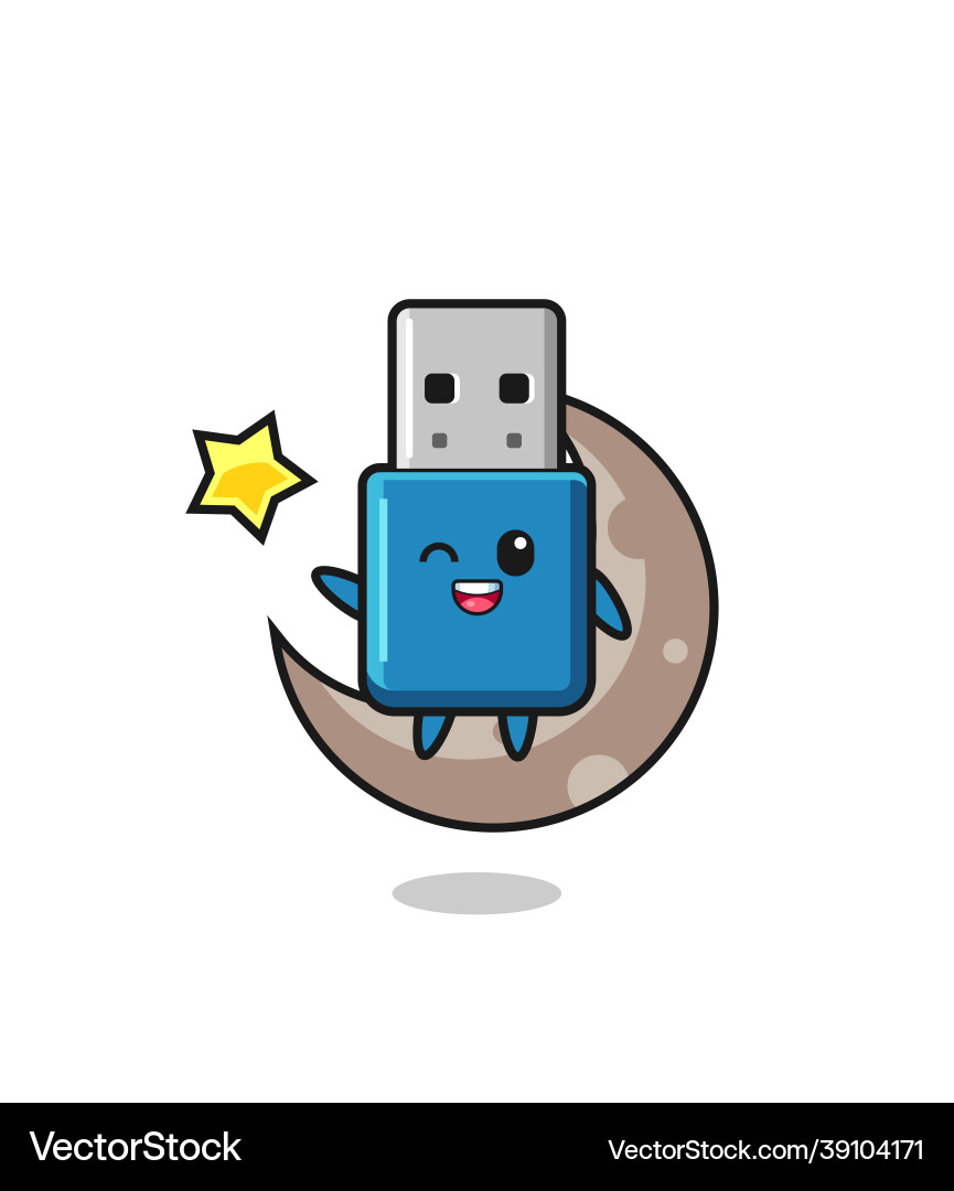 Flash drive usb cartoon sitting on the half moon Vector Image