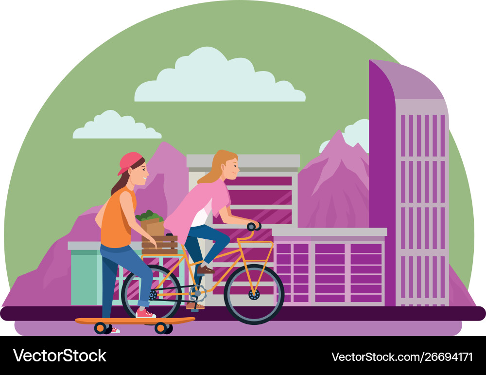 Friends riding with skateboard and bikes Vector Image