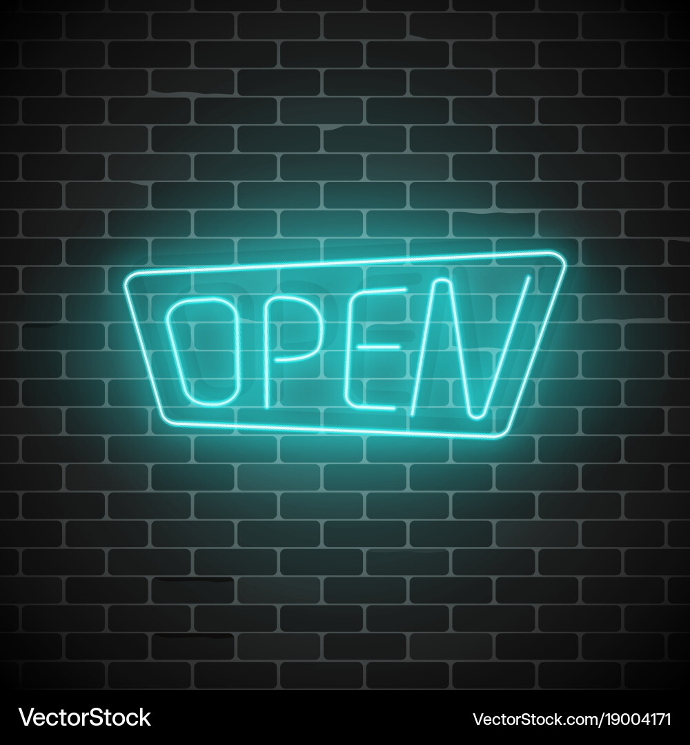 Glowing neon open sign on a brick wall background Vector Image