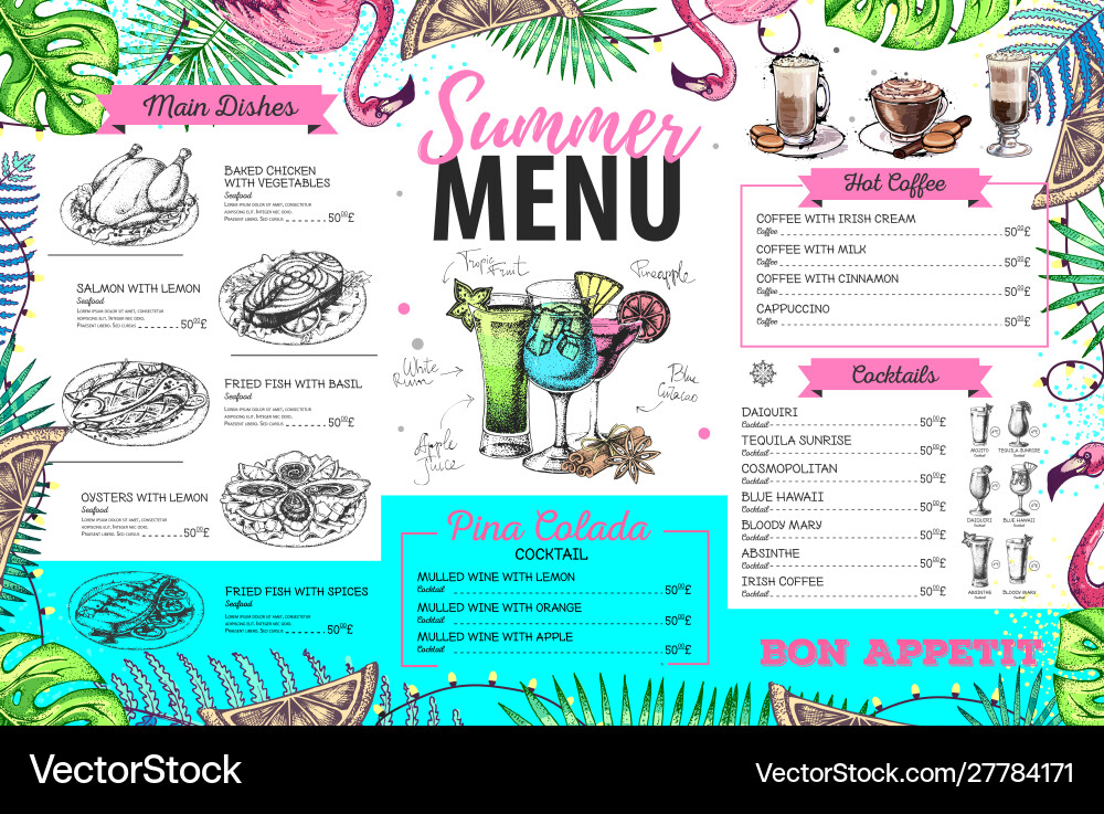 Hand drawing summer menu design with flamingo Vector Image