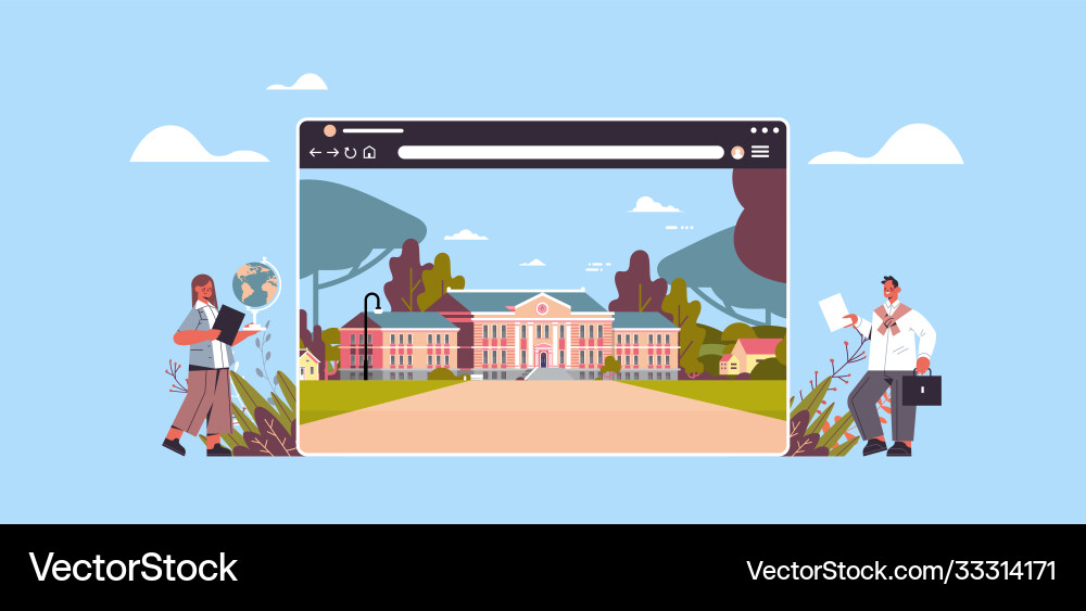 Teachers near digital school building in web Vector Image