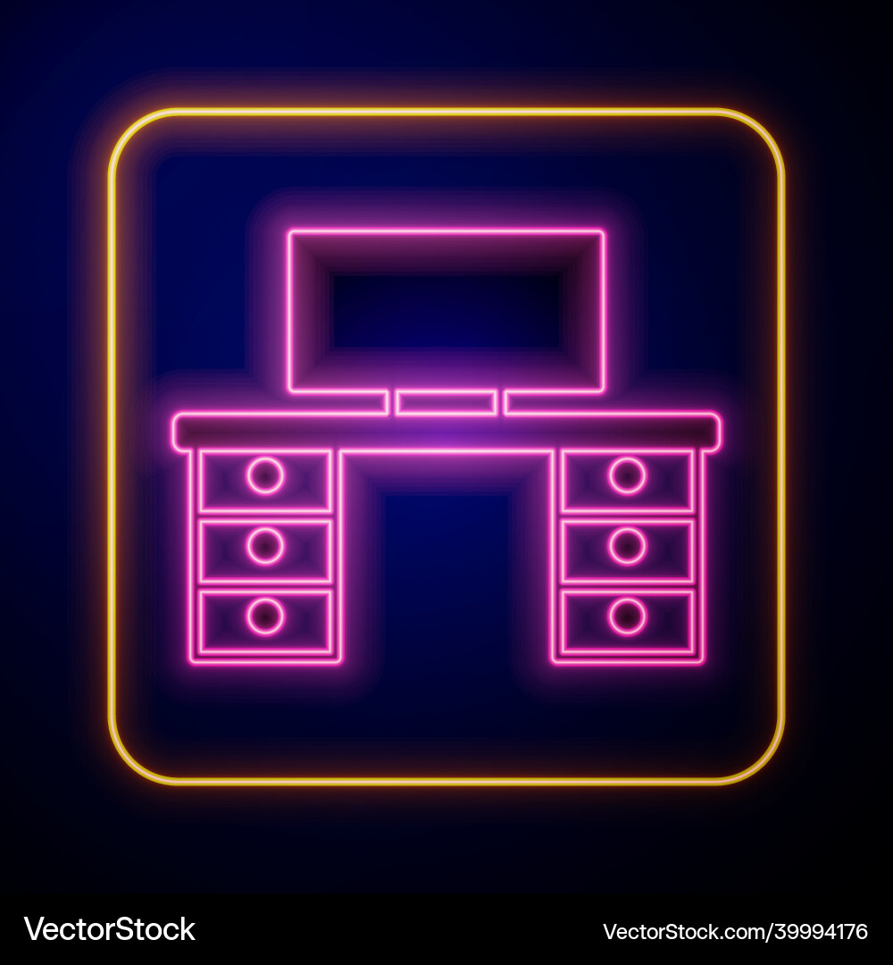Glowing neon office desk icon isolated on black Vector Image