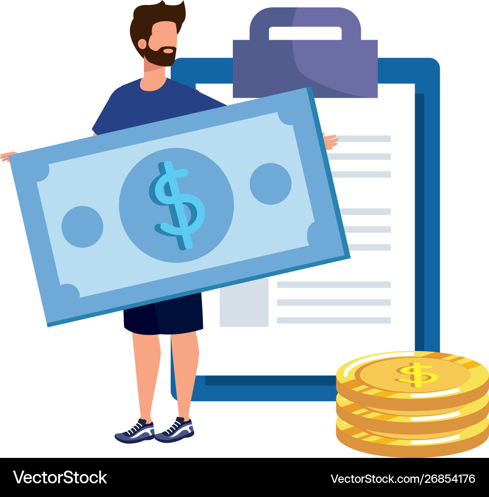 Young man with checklist and money Royalty Free Vector Image