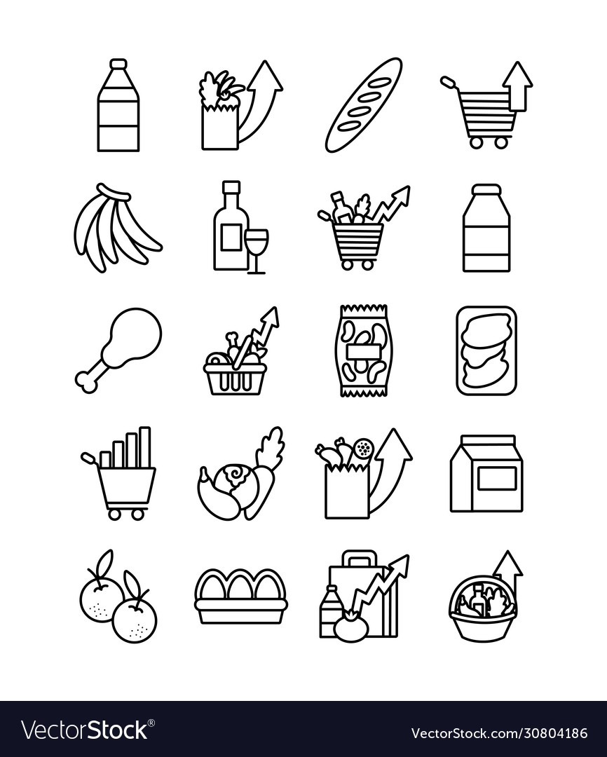 Bundle commodity basket icons Royalty Free Vector Image