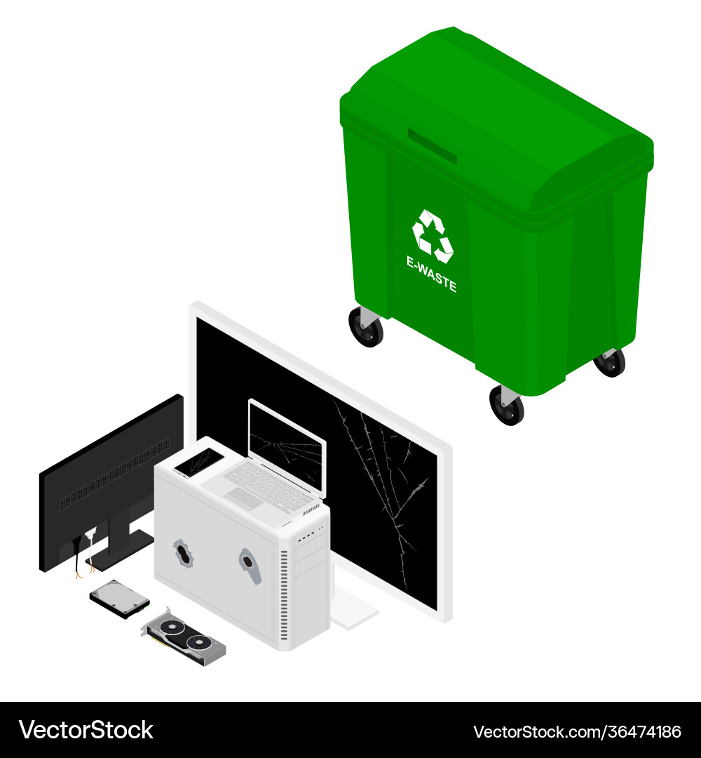 Electronic waste in green recycling can Royalty Free Vector