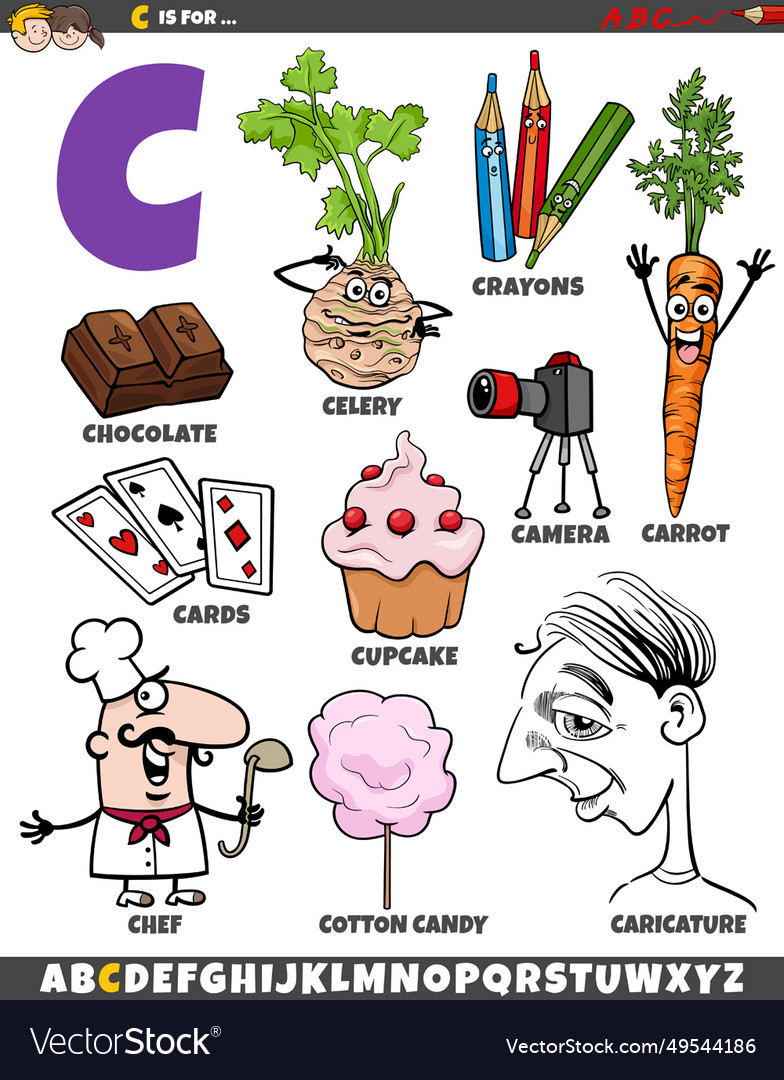 Letter c set with cartoon objects and characters Vector Image