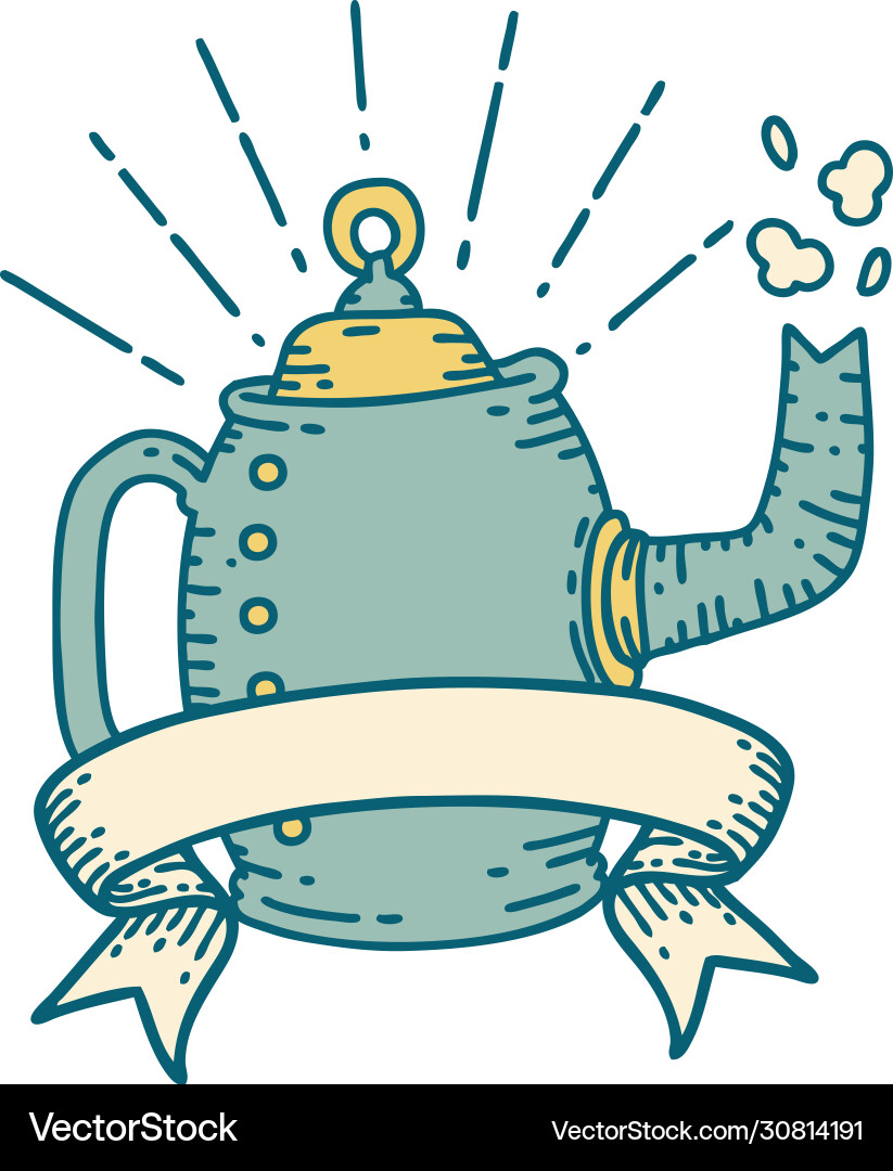 Banner with tattoo style old coffee pot steaming Vector Image