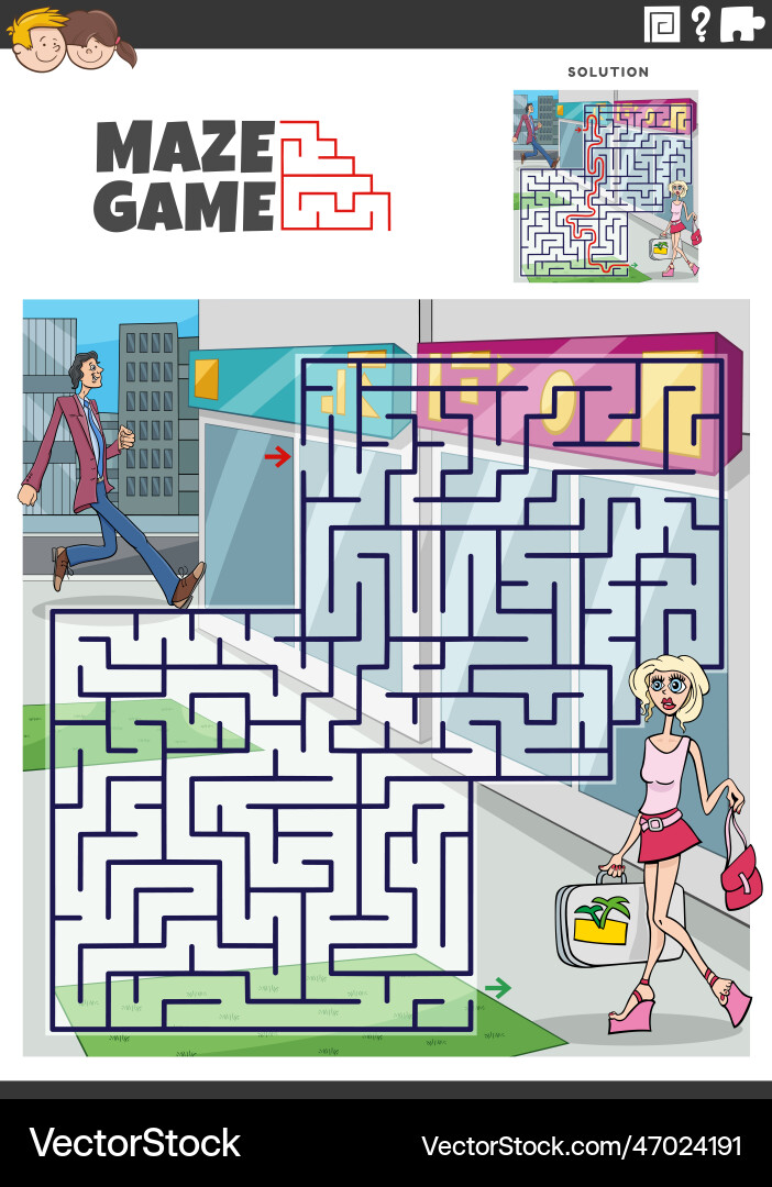 Maze game activity with cartoon people characters Vector Image