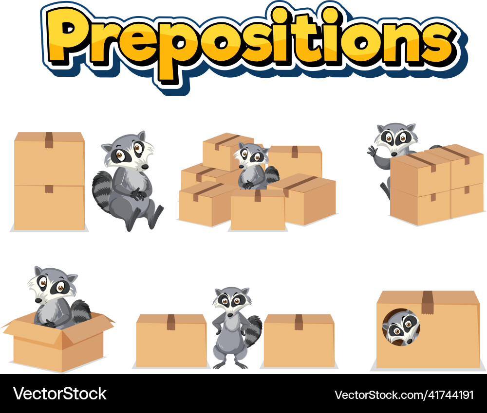 Preposition wordcard with raccoon and boxes Vector Image