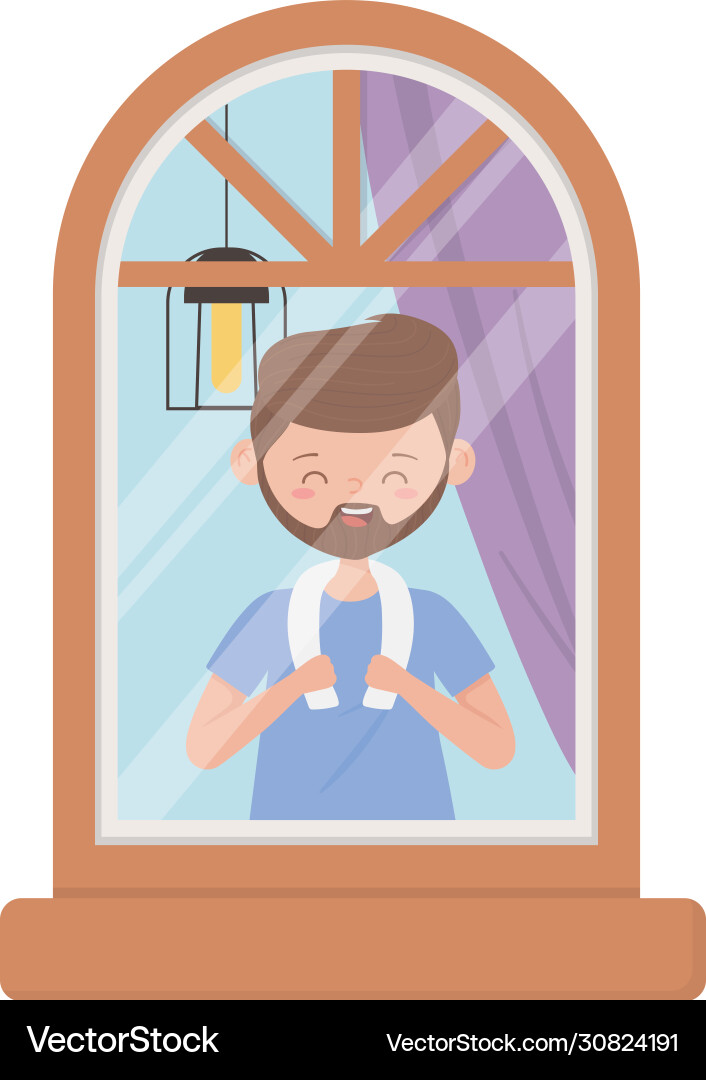 Stay at home happy man looking at window Vector Image