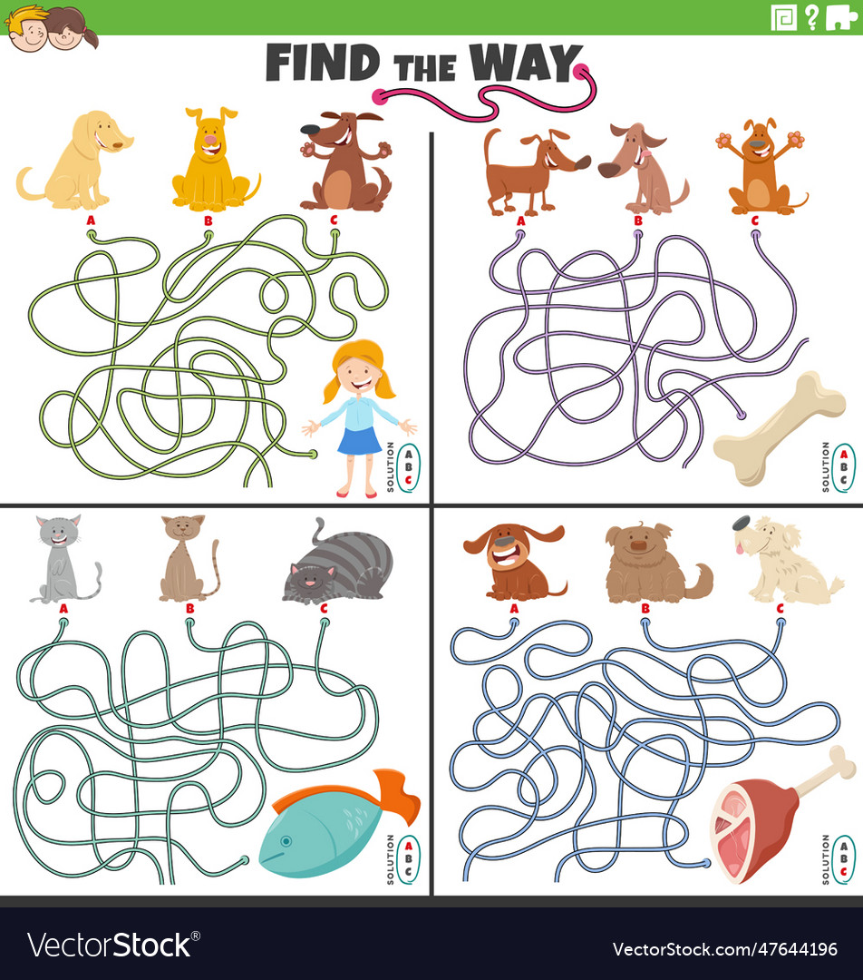 Find the way maze games set with cartoon pets Vector Image