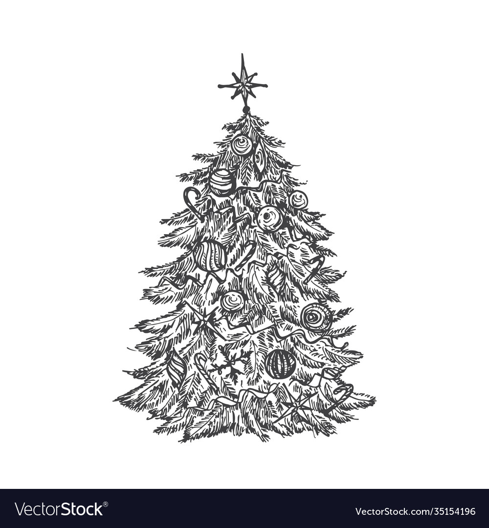 Hand drawn decorated christmas tree with toys Vector Image Hand drawn decorated christmas tree with toys Vector Image