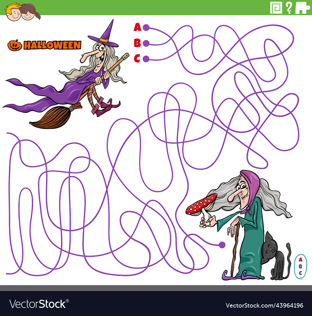 Maze game with cartoon witches on halloween time Vector Image