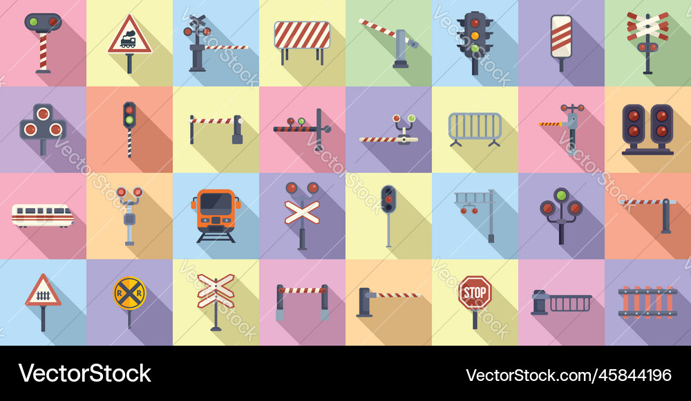 Railway crossing icons set flat signal Royalty Free Vector