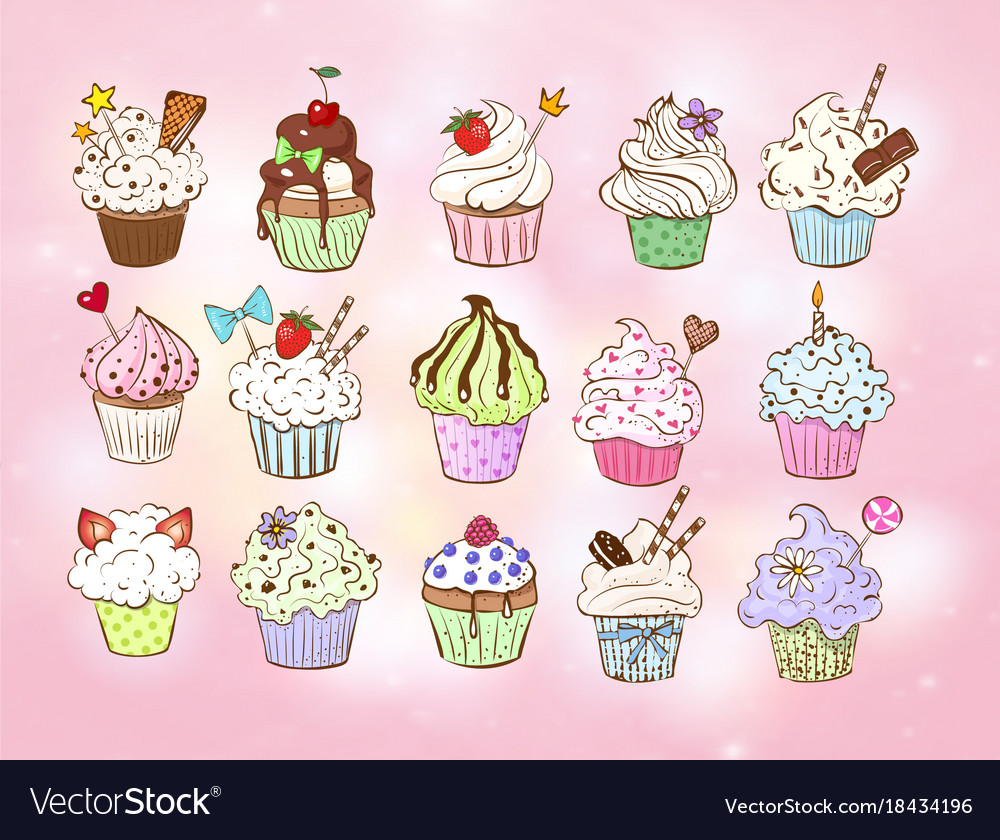Set of doodle sketch cupcakes with decorations Vector Image