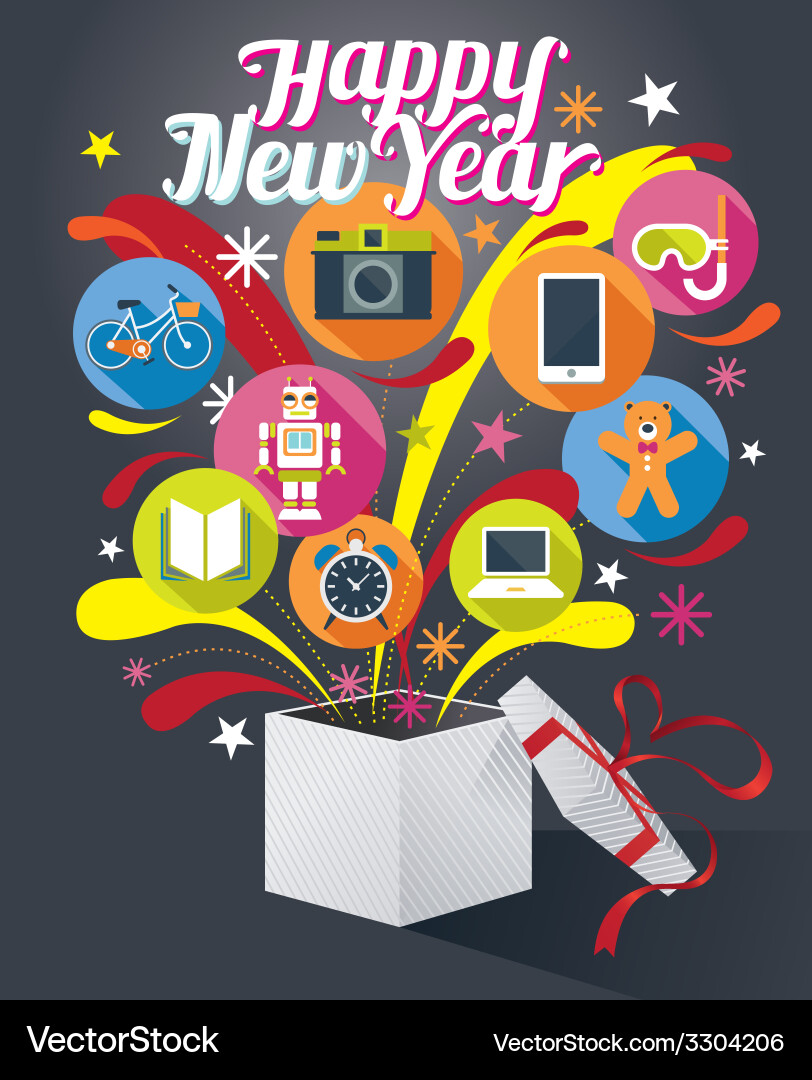 Gift box with happy new year text and various icon