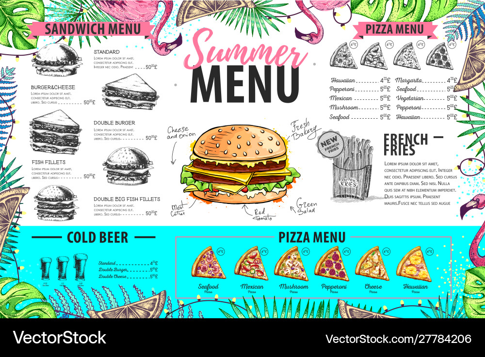 Hand drawing summer menu design with flamingo Vector Image