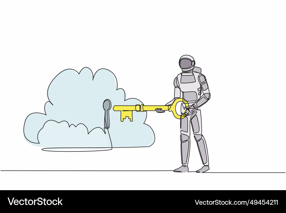 Single one line drawing astronaut putting big key Vector Image