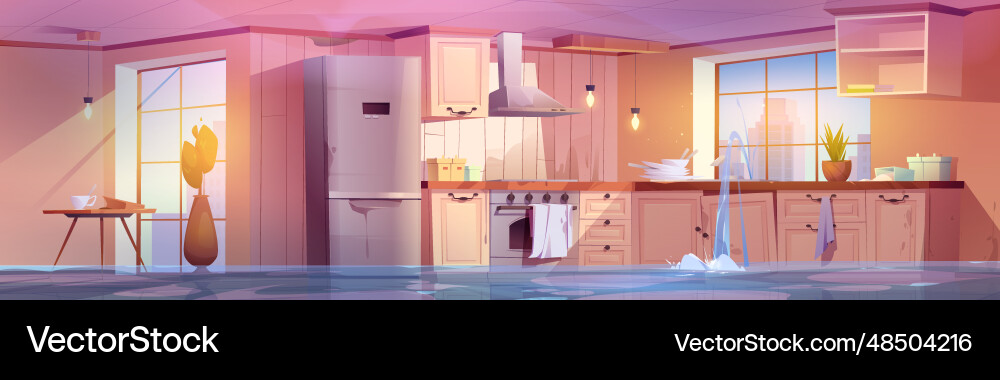 Flood and broken home kitchen room cartoon Vector Image