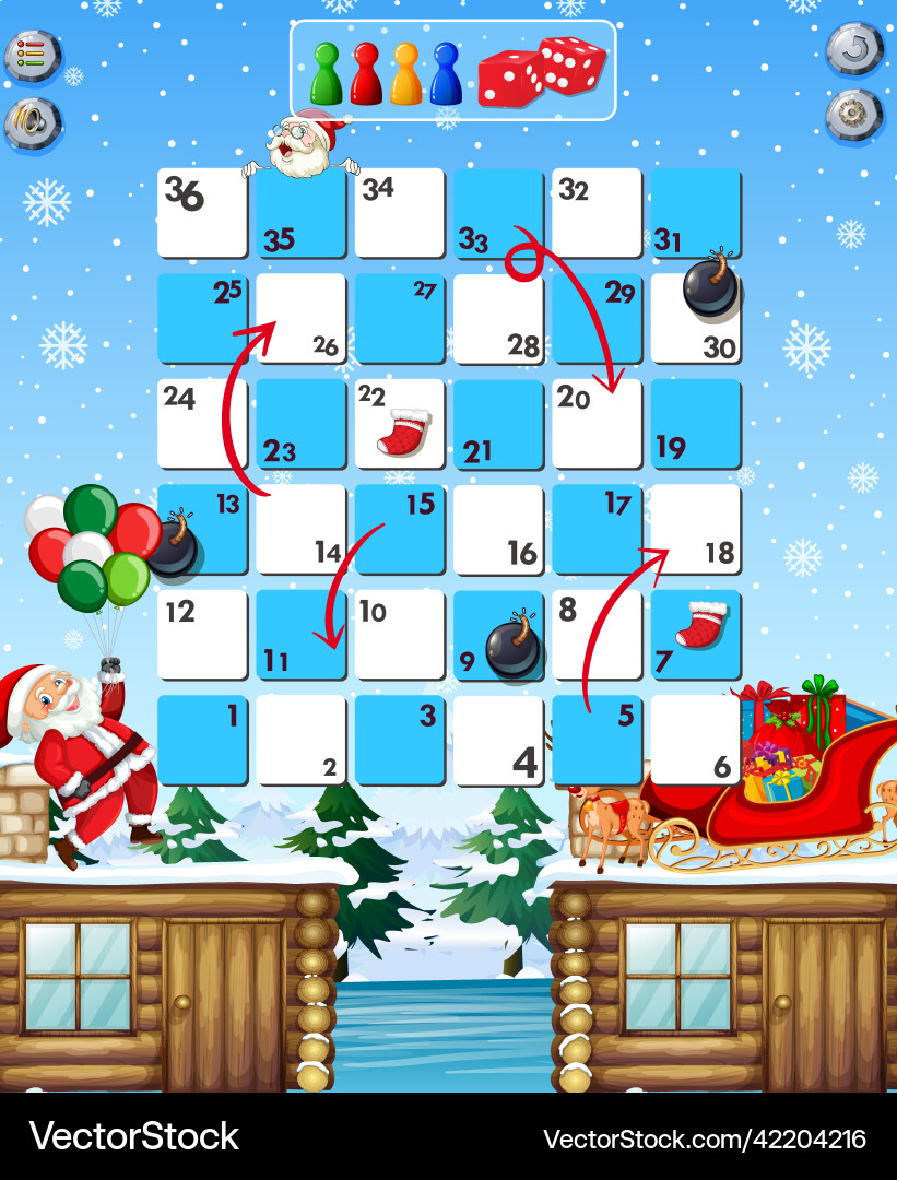 Snake and ladders game template in christmas theme