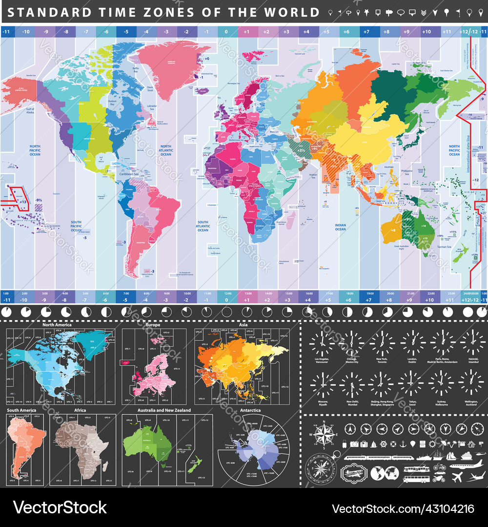 World standard time zones map all continent Vector Image