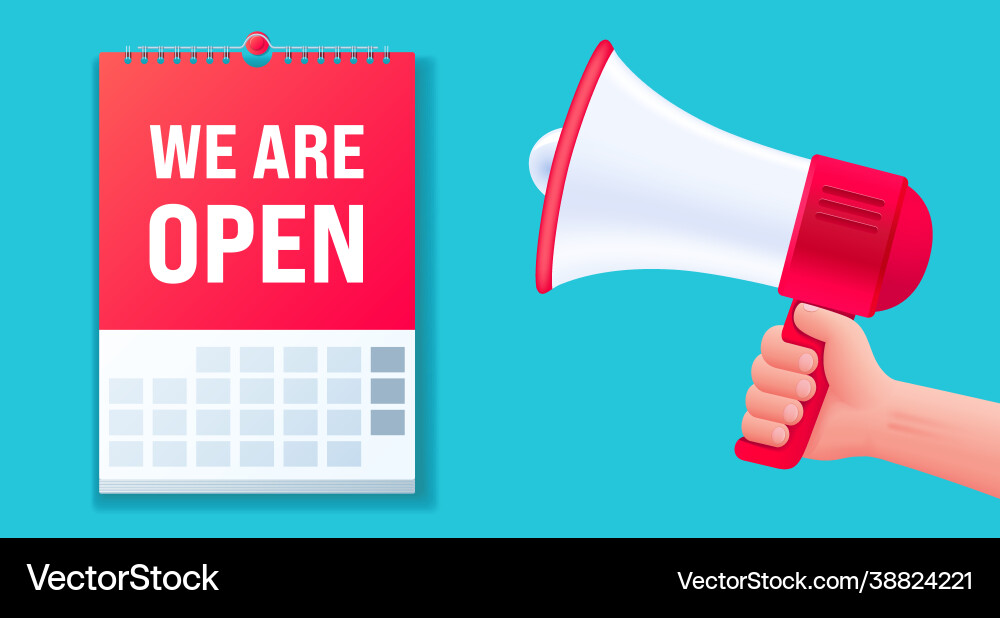 Calendar with a sign we are open hand holds Vector Image