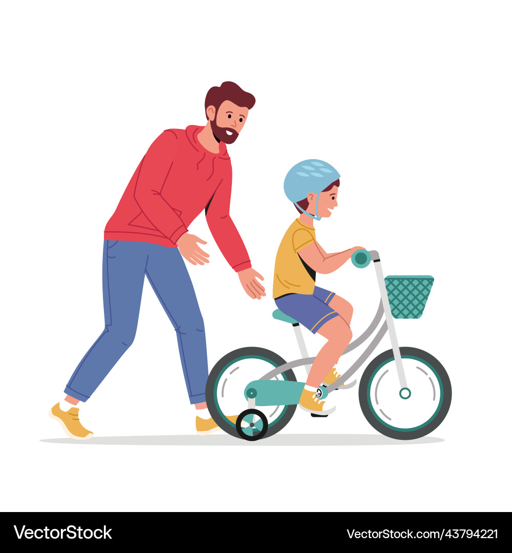 Caring dad teaching little son in helmet to ride Vector Image